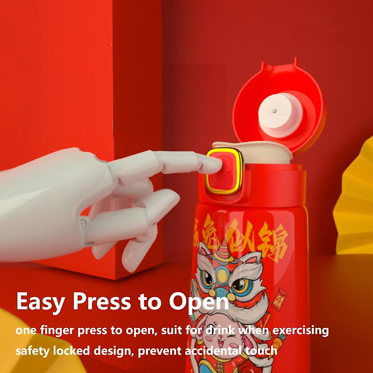 Chinese Red Water Bottle, Chinese Insulated Water Bottle, The Quick Flip 14oz Stainless Steel Thermos for Cold/Hot Beverages, Digital Temperature Display, Gift Packaging