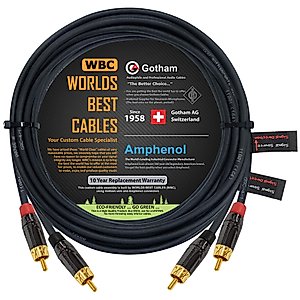 40 Foot RCA Cable Pair - Gotham GAC-4/1 (Black) Star-Quad Audio Interconnect Cable with Amphenol ACPL Black Chrome Body, Gold Plated RCA Connectors - Directional