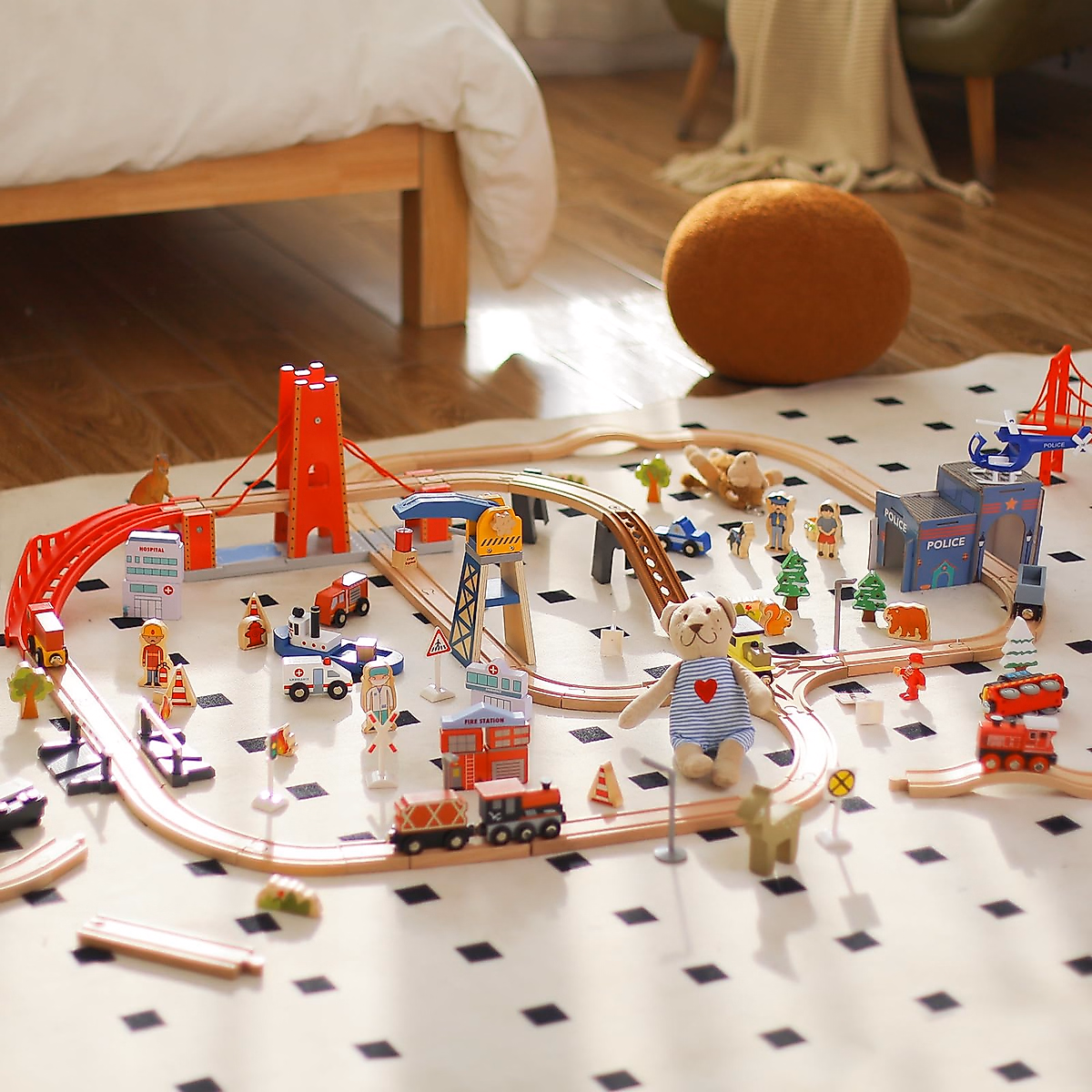 Giant bean 117 Pcs Busy Port City Train Set for Kids- Expandable & Changeable Wooden Train Tracks Set Toddler Toy, Gift for Boys and Girls Ages 3+, Fits for Thomas The Train, Brio, Melissa & Doug