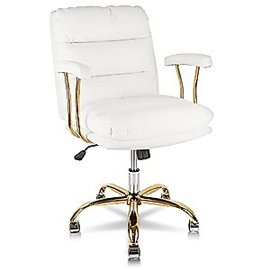 KLASIKA Ergonomic Office Desk Chair for Heavy People with Wheels and Arms, Faux Leather Computer Chair for Home Bedroom Office, White Chair Gold Caster