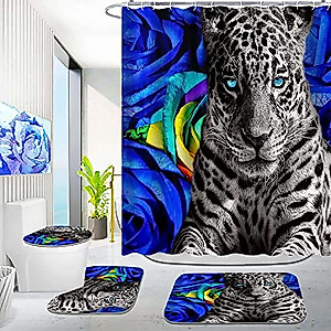 Blue Roses and Leopard Shower Curtains Bathroom Sets with Rugs and Accessories Bellcon 4pcs Animals Bathroom Sets with Toilet Seat Cover and Nonslip Bath Mat for Men and Women