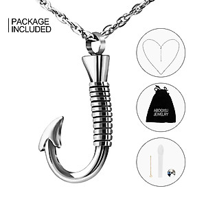abooxiu Fishing Hook Urn Necklace for Ashes Fish Hook Stainless Steel Cremation Jewelry Memorial Pendant Keepsake for Men(Silver)