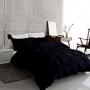 Astroo Linen Designer Pinch Pleated 5 Piece Duvet Cover Set with Zipper and Corner Ties 100% Pure Cotton 800 Thread Count Comforter/Quilt Cover (King/California King Size, Black)