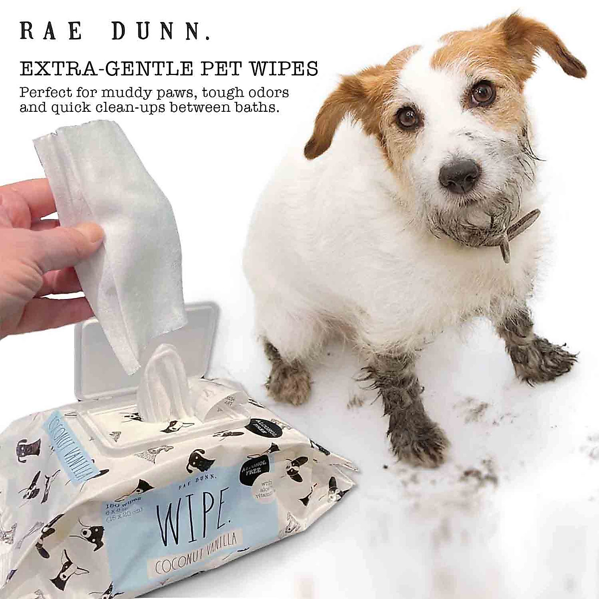 Rae Dunn Pet Wipes, Alcohol Free with Aloe and Vitamin E, Coconut Vanilla, 150 Count