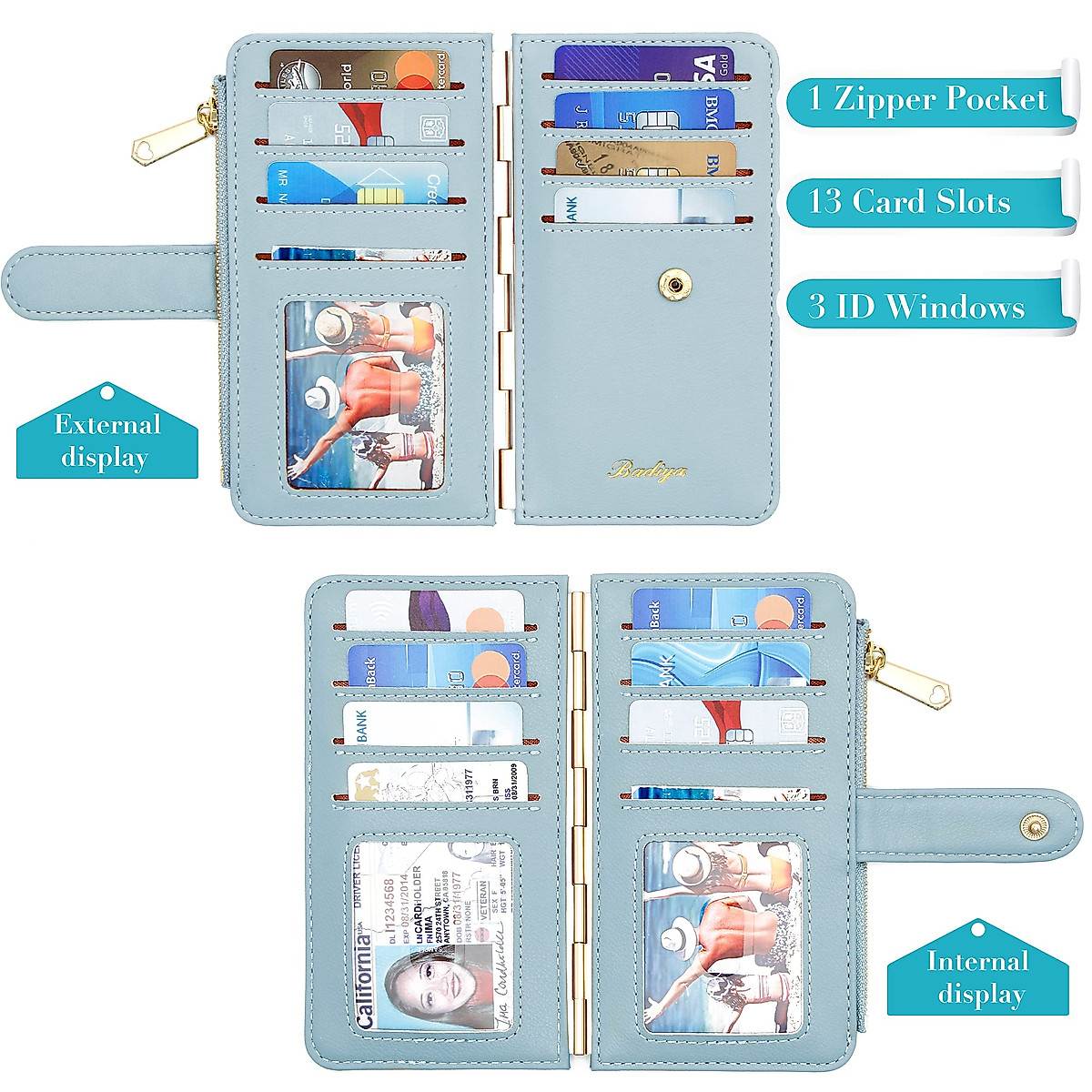 Badiya Credit Card Holder for Women RFID Blocking Slim Wallet Bifold Multi Card Case Zipper Pocket with 3 ID Window