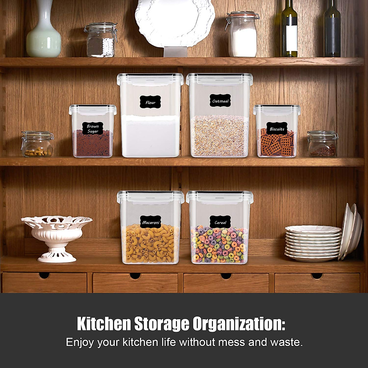 ME.FAN Food Storage Containers [Set of 6] Food Canisters / Flour Container - Pantry Bulk Airtight Storage Keeper with 5 Set Measuring Cups 24 labels & Pen - Black