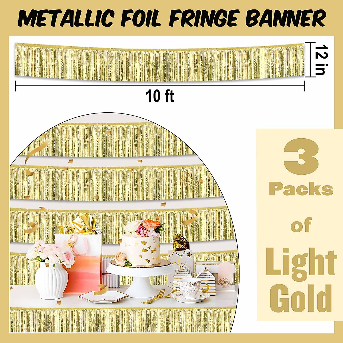 3 Pack 10 Ft Light Gold Foil Fringe Garland Metallic Streamers Tinsel Banner Wall Hanging Garland Backdrop for Parade Floats, Halloween, Christmas, Thanksgiving, New Year Party Decorations