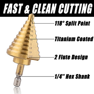 Vearter HSS Straight Groove Step Drill Bits, 1/4" - 1-3/8" Unibit 10 Steps M2 Material Titanium Coated Hex Shank for Drilling Holes in Stainless Steel Aluminium Sheet Metal Wood Plastic PVC