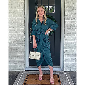 BTFBM Women 2023 Long Sleeve Lapel V Neck Button Down Satin Dress Belted Elegant Ruched Summer Fall Maxi Shirt Dresses(Solid Dark Green, Medium)