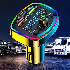 Car MP3 Player Bluetooth 5.0 FM Bluetooth Transmitter w/2 USB Charger and PD QC Interface Wireless FM Modulator w/ Built-in Mic and CVC Technology Car Radio Adapter for for Smart Phone