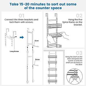 Purdaz Adjustable 5-Tier Over the Door Pantry Organizer, Spice Rack, Narrow Hanging Shelf for Kitchen Storage and Organization (White)