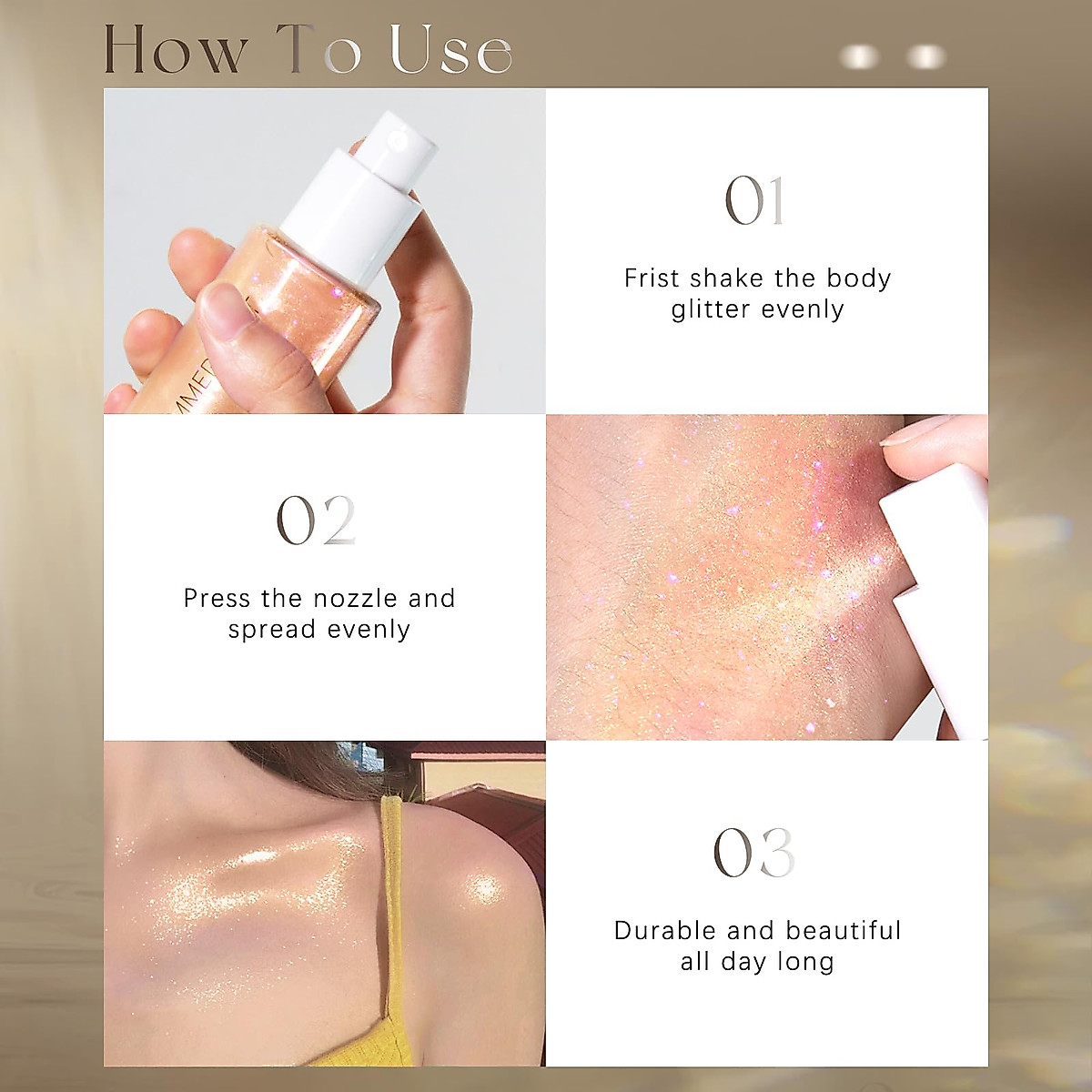 HOSAILY Body Glitter Spray, Moisturizing Bronze Body Shimmer Luminizer Glow Illuminator Quick-Drying and Non-Sticky Glitter Spray Liquid Highlighter Spray for Face Hair Body Glitter, 60ML -Rose Gold