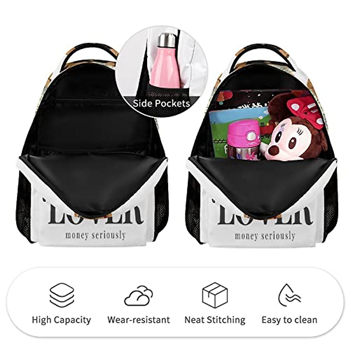 Niapessel Kids Backpack for School, Money Lover Slogan with Bear Pattern Students Bookbags School Bags Girls Boys
