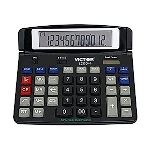 Victor 1200-4 12-Digit Large Professional Desktop Calculator, Battery and Solar Hybrid Powered Tilt LCD Display, Great for Home and Office Use, Black