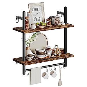 Bestier Floating Shelves Kitchen Shelves Wall Mounted 24" Wood Floating Shelf Bathroom 2 Tier Ladder Shelves with Tower Bar, Wall Decor for Bedroom, Living Room, Coffee bar & Balcony, Rustic Brown