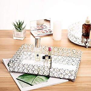 Feyarl Crystal Vanity Makeup Perfume Tray Ornate Jewelry Trinket Organizer Cosmetic Decorative Tray Skin Care Storage for Home Dressing Table Wedding Decoration(Rectangle 12" x 8") (Silver)