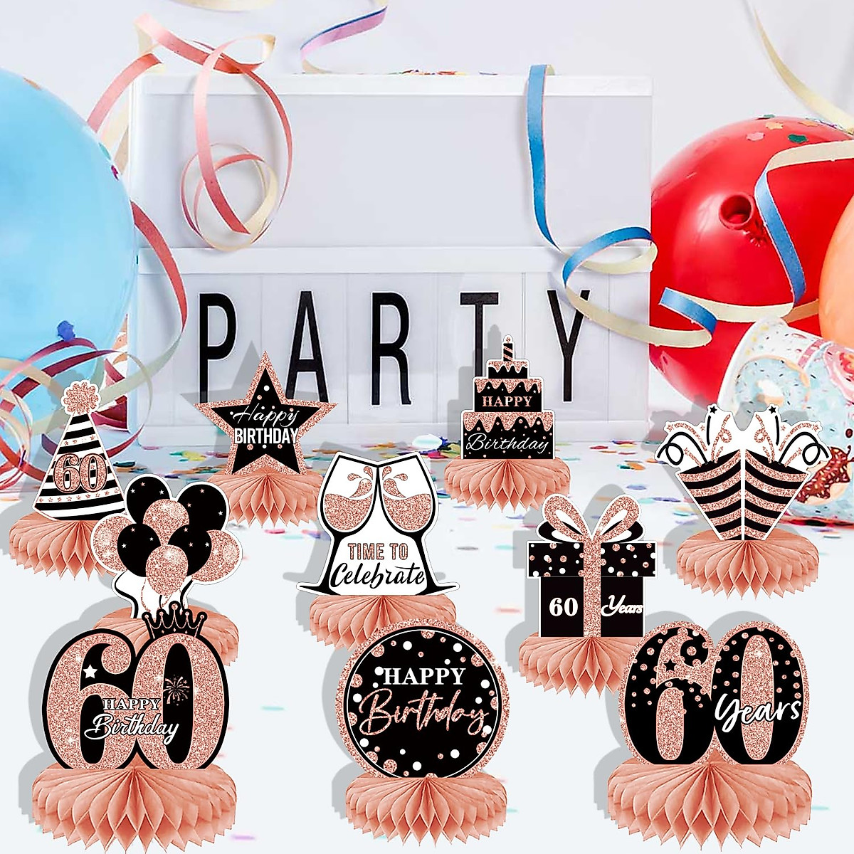 10 PCS Rose Gold 60th Birthday Decoration，60th Birthday Centerpieces for Tables， Happy 60th Honeycomb Table Topper for Women，60th Birthday Table Sign Decor