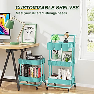 3-Tier Rolling Mobile Utility Cart with Hanging Cups & Hooks & Handle Multifunctional Organizer Storage Trolley Service Cart with Wheels Easy Assembly for Office, Bathroom, Kitchen (Blue)