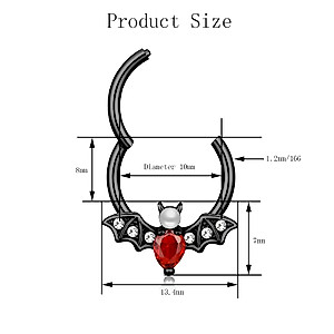 EVISPOL 1Pc 16G Halloween Bat Nose Rings for Women Men, 316L Stainless Steel Hinged Nose Ring Nose rings Hoops Bat Septum Ring CZ Septum Clicker Cartilage Earrings Daith Tragus Helix Ear Piercing Jewelry-10MM-Black-Red CZ