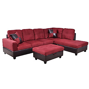 HOMVET Red Flannel and PVC Sectional Sofa Furniture Set, L-Shape Couch with Right Chaise, Storage Ottoman, and 2 Toss Pillows,for Living Room/Apartment/Office