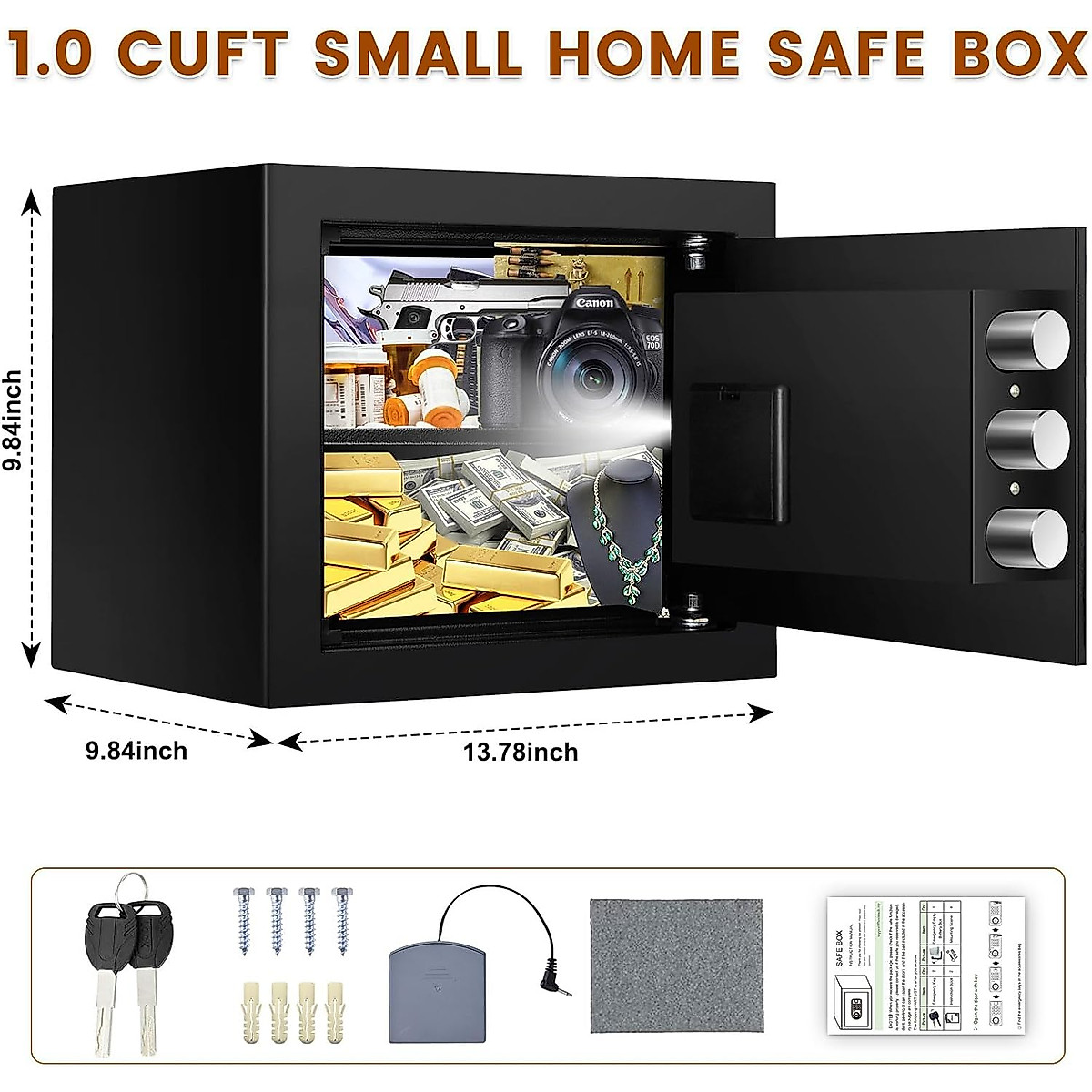 1.0 Cubic Feet Home Safe Fireproof Waterproof, Digital Home Security Safe Box with Programmable Keypad and Removable Shelf, for Documents, Jewelry, Valuables, Black (9.8"W x 13.7"D x 9.8"H)