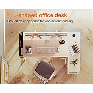 ODK Small L Shaped Computer Desk, 55 Inch Corner Desk with Reversible Storage Shelves & PC Stand for Home Office Workstation, Modern Simple Writing Study Table with Storage Bag for Small Space, White