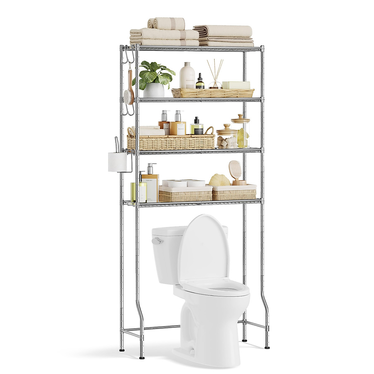 SONGMICS 4 Tier Over The Toilet Storage, Metal Storage Rack, Adjustable Shelves, 4 Hooks, Roll Holder, Space-Saving Bathroom Storage Shelf Organizer, 11.8 x 32.7 x 69.3 Inches, Silver Gray UBTS023G01