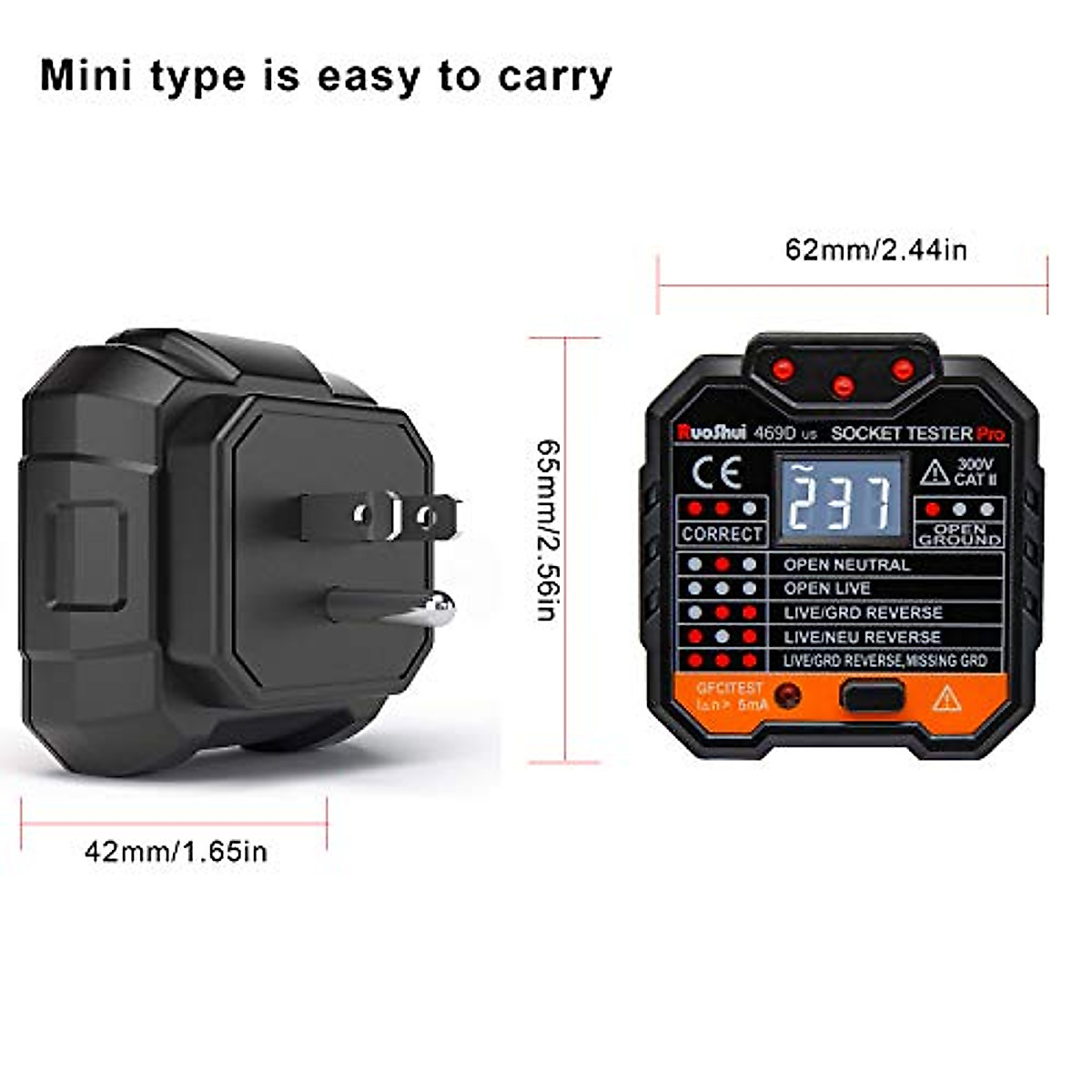 Ruoshui Outlet Tester 48-250V, GFCI Tester CAT II 300V, Receptacle Tester with Voltage Display, Standard US Electrical Socket Tester with 7 Visual Indications for Home & Professional Use…