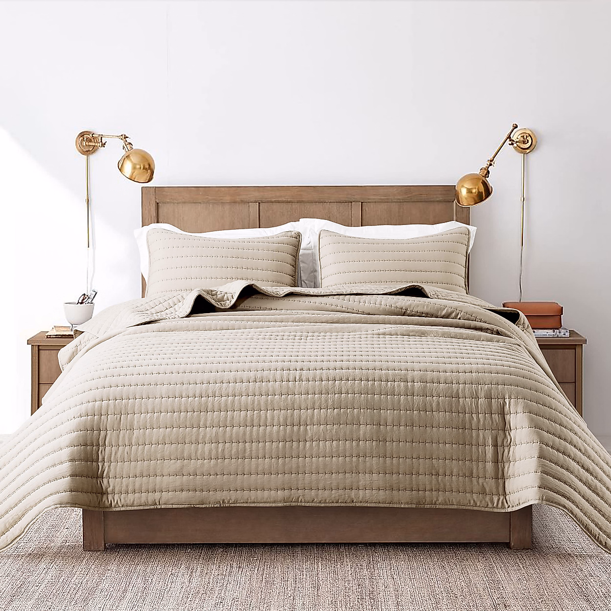 ROARINGWILD Beige Cream Tan Queen Size Quilt Bedding Sets with Pillow Shams, Full Lightweight Bedspread Coverlet, Quilted Blanket Thin Comforter Bed Cover for All Season, 3 Pieces, 90x90 inches