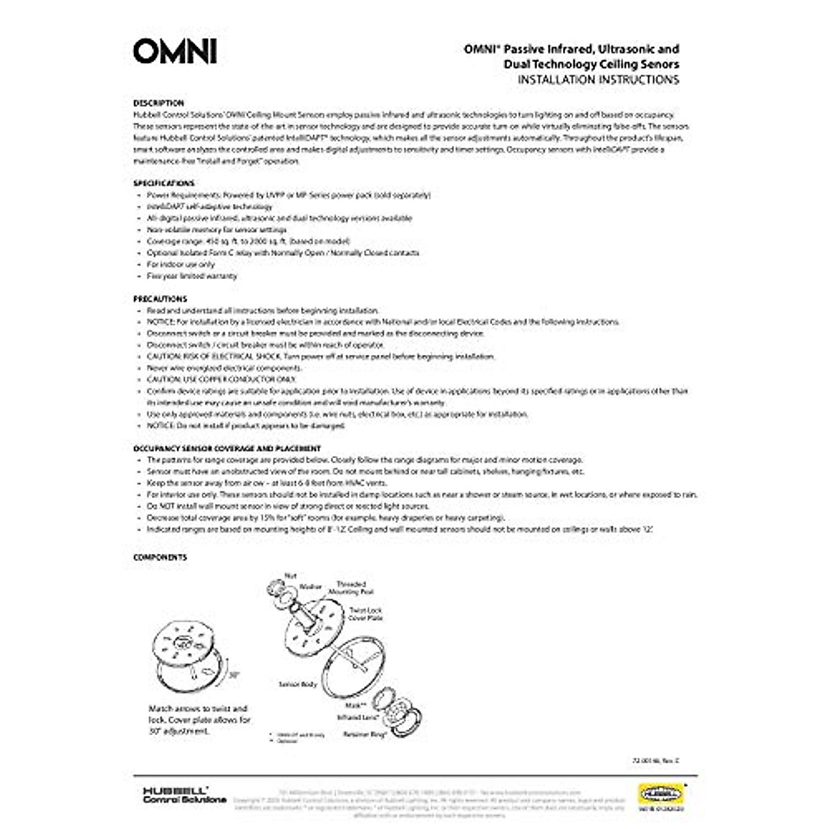 HUBBELL LIGHTING OMNIIRL Ultrasonic and PIR Ceiling Sensor, 1500-Square Foot range, White