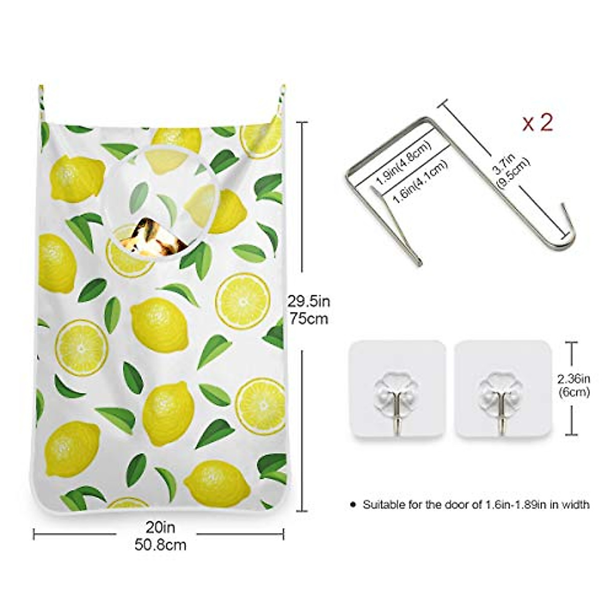 Fresh Lemon Leaves Door Hanging Laundry Hamper Bag Yellow Orange Slices Fruit Space Saving Wall Large Laundry Basket Storage Dirty Clothes Bags with Bottom Zippers Hooks For Bathroom Bedroom 1 Pcs