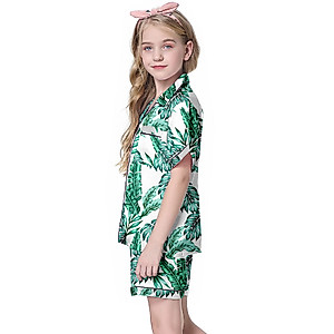 Silk Pjs for Women Set, Cute Silky Matching 2 Pcs Comfy Nightwear Button Down Sexy Soft Satin Summer Pj Short Set, Leaves Green, Medium