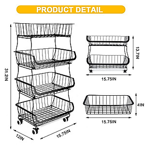 Fruit Vegetable Storage Basket, 4 Tier Stackable Metal Wire Storage Baskets with Wheels, Fruit Vegetable Produce Basket Organizer Bins for Kitchen, Pantry, Bathroom