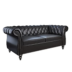 Chesterfield Loveseat, Modern Leather Sofa Tufted Couch 2 Seater with Rolled Arms and Nailhead for Living Room, Bedroom, Office, Apartment (Black)
