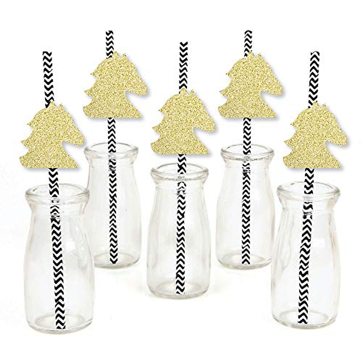 Gold Glitter Horse Party Straws - No-Mess Real Gold Glitter Cut-Outs and Decorative Kentucky Horse Derby Horse Race Party Paper Straws - Set of 24