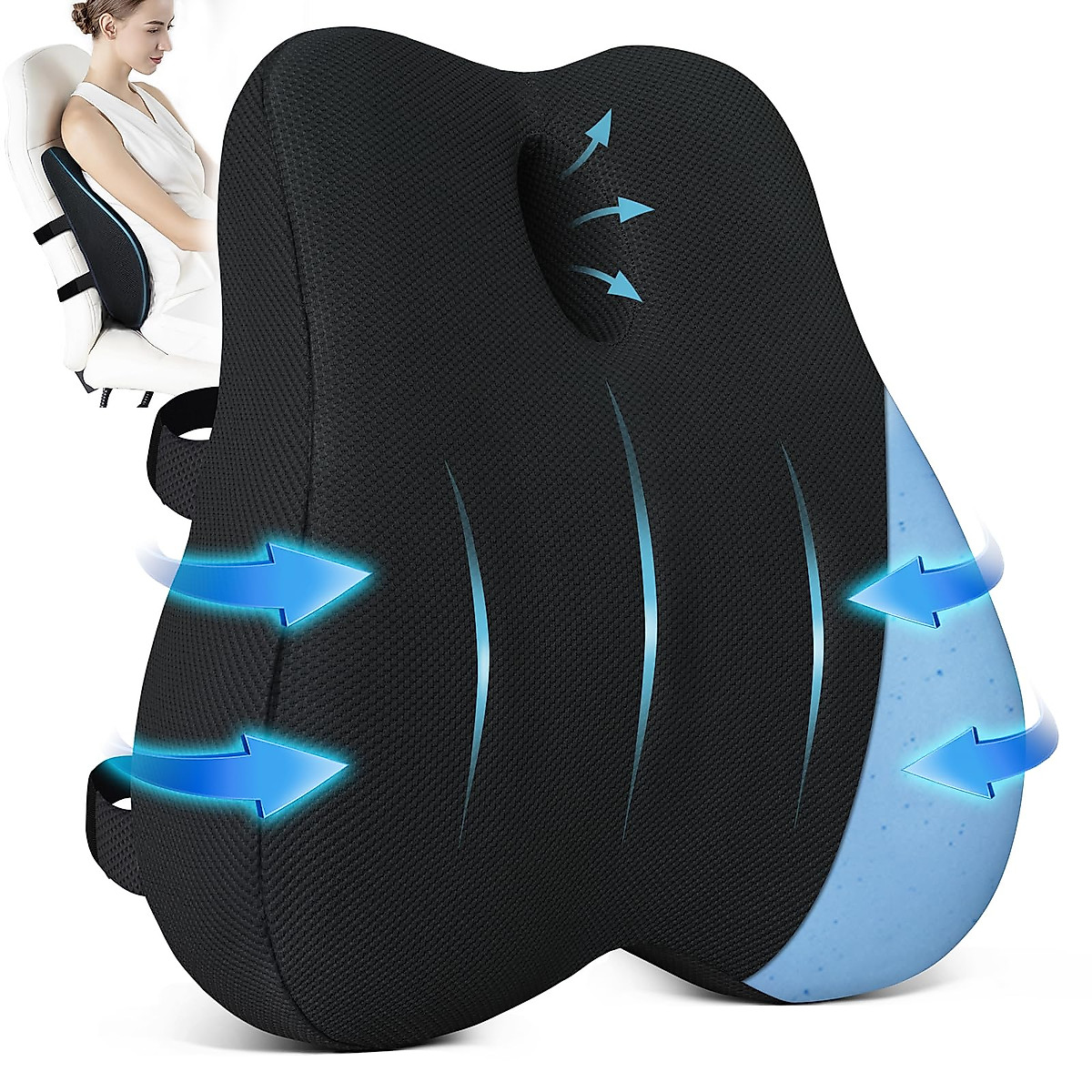 Lumbar Support Pillow for Office Chair, Cooling Memory Foam Pillow for Back Pain Relief, Ergonomic Back Support Pillow with Dual Extension Straps for Car, Couch, Recliner, Gaming Chair, Black