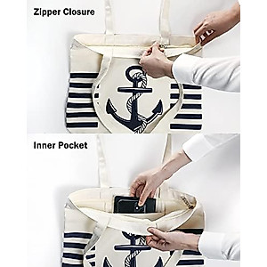LANGCYGO Nautical Theme Anchor Cotton Canvas Tote Bag with an Inner Pocket, Top Zipper Closure Reusable Grocery Bags For Women,School Shopping,Beach Grocery (Anchor L)