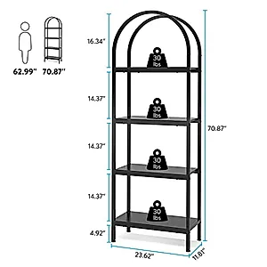 LITTLE TREE 4-Tier Arched Bookshelf, Tall Open Bookcase Storage Shelves, Wood Metal Freestanding Display Rack Tall Shelving Unit for Home Office, Bedroom, Living Room, Industrial Black