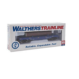 Walthers Trainline HO Scale Model Log Dump Car with 3 Logs - Ready to Run Alaska Railroad #17102 (Blue, Yellow Conspicuity Marks)