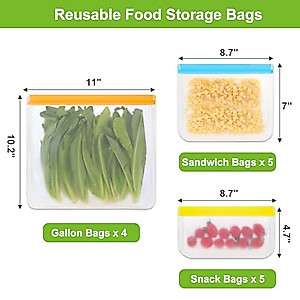Moretoes 14 Pack Reusable Ziploc Bags, Stasher Silicone Reusable Storage Bag for Lunch Salad Fruit (4 Gallon Freezer Bags+5 Sandwich Bags+5 Leakproof Snack Bags)