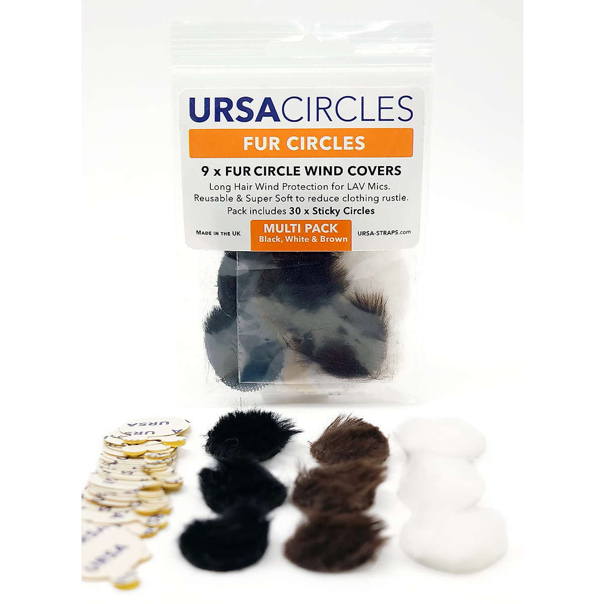 URSA Fur Circles - Mini Windshields for Lavalier/Lapel Microphones. Reduce Wind Noise & Clothing Rustle. Compatible with Sennheiser, RODE, Sanken, Tascam & More (9x Circles + 30x Stickies, MultiPack)