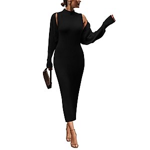 PRETTYGARDEN Womens Fall 2 Piece Outfits Bodycon Maxi Tank Pullover Sweater Dress and Long Sleeve Cropped Cardigan Knit Sets (Black,Small)