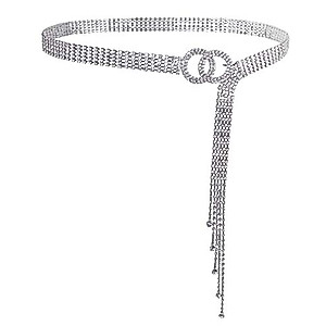 Lovful Women's Dress Belts with Rose Gold Rhinestone,Double O-Ring Sparkle Chain Waistband Belt,Silver,45 inches
