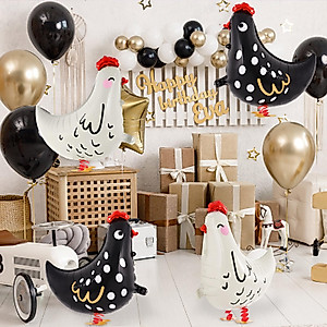 6 PCS Walking Chicken Balloons, Aluminum Foil Chicken Party Decorations White and Black Chicken Walking Balloons for Birthday Baby Shower Farm Animal Theme Party