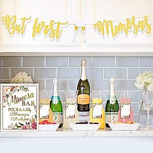Zotemo But First Mimosas Banner with Goblet Decor, Gold Glitter Mimosa Bar Sign for Bridal Shower Baby Shower Decorations