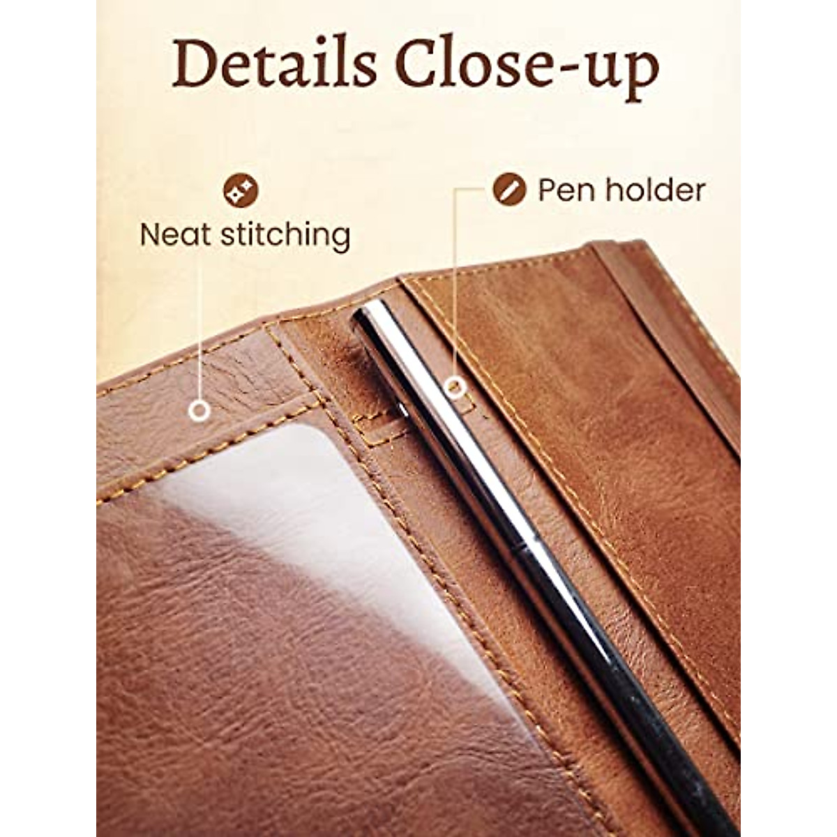 Yarnic Checkbook Cover for Personal Checkbook, Checkbook Holder with Pen Holder & Built-in Clear Plastic Divider for Duplicate Checks (Brown)