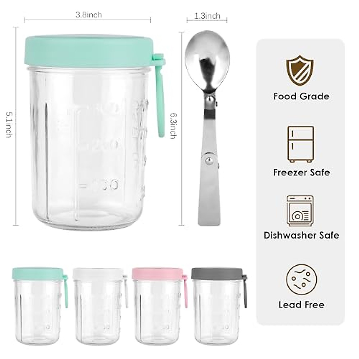 Quald Overnight Oats Containers with Lids, Folding Spoons and Divided Compartments for Fruit (4 Pack)