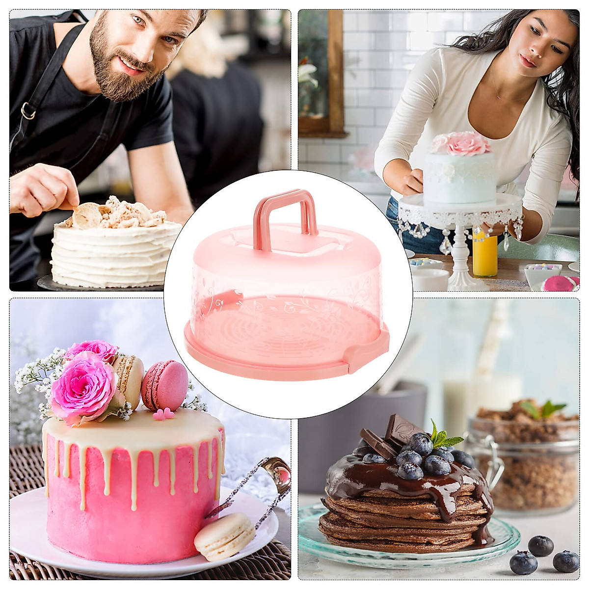Cabilock Cake Stand Round Cake Carrier with Handle Dome Lids Dessert Carrier Handy Cupcake Holder Tray Clear Plastic Cake Pie Container Cake Box Serving Tray (Pink) Cake Holder