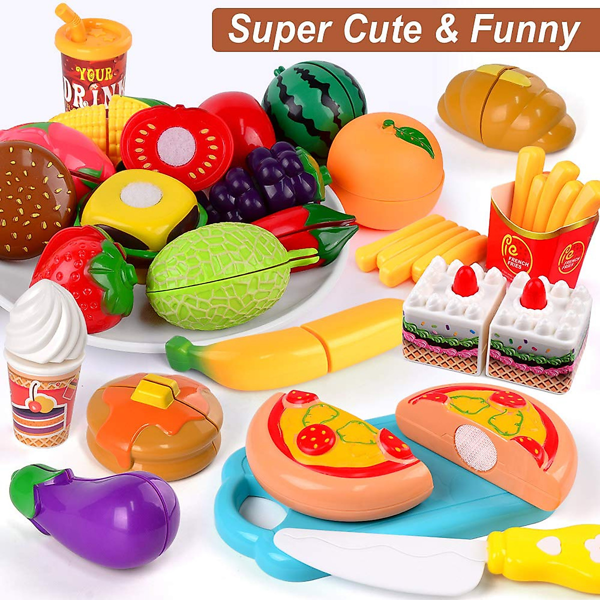 FLY2SKY 60 Pcs Play Food Toys for Kids Kitchen Pretend Play Accessories Cutting Toys Fruits Food Cake Play Set Christmas Birthday Gifts for Girls Boys Toddlers Learning Toys with Storage Bag