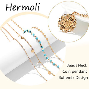 Hermoli Boho Choker Women Necklace Gold Turquoise Coin Pendant Layered Necklaces Chain Glitter Bohemia Sequin Tassel Necks Jewelry for Women